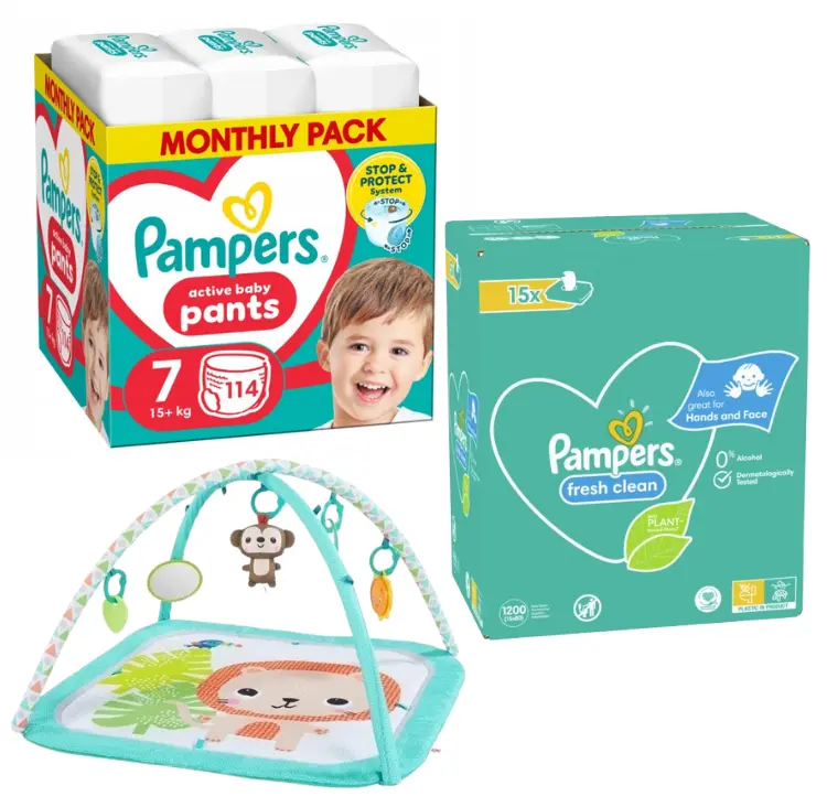 Pampers Pelene Pants 7, Monthly, 15+kg, 114/1+ Pampers Vlažne maramice Fresh clean, 15x80 komada+Bright Starts Podloga za bebe Safari, 20 melodija, Tirkizna