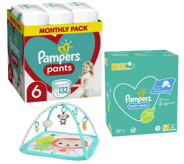 Pampers Pelene Pants 6, Monthly, 15+kg, 132/1+ Pampers Vlažne maramice Fresh clean, 15x80 komada+Bright Starts Podloga za bebe Safari, 20 melodija, Tirkizna