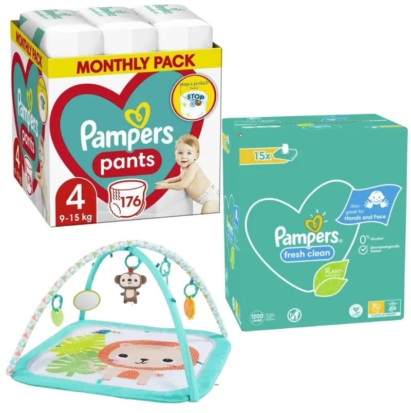 Pampers Pelene Pants 4, Monthly, 9-15kg, 176/1+ Pampers Vlažne maramice Fresh clean, 15x80 komada+Bright Starts Podloga za bebe Safari, 20 melodija, Tirkizna
