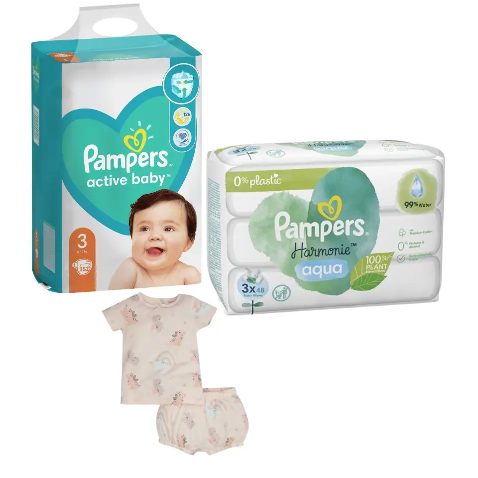 Pampers Pelene Active baby 3, MB, 6-10kg, 152/1+Pampers Vlažne maramice Harmonie, 3x48 komada+DeFacto Pidžama za devojčice, Svetloroze