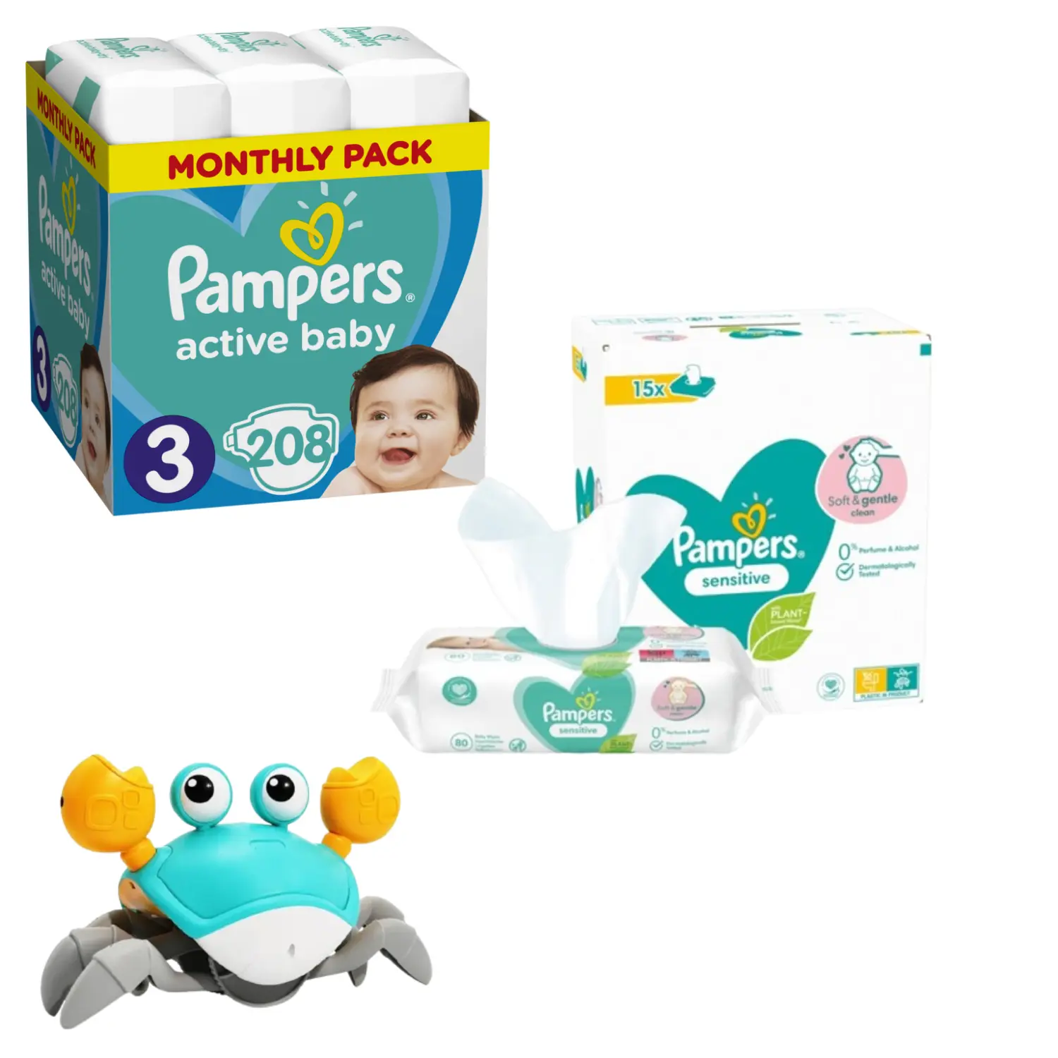Pampers Pelene Active Baby, 3 Monthly, 6-10kg, 208/1+ Pampers Vlažne maramice Sensitive, 15x80 komada+ Topi Toys Interaktivna igračka Hodajuća kraba, Svetloplava