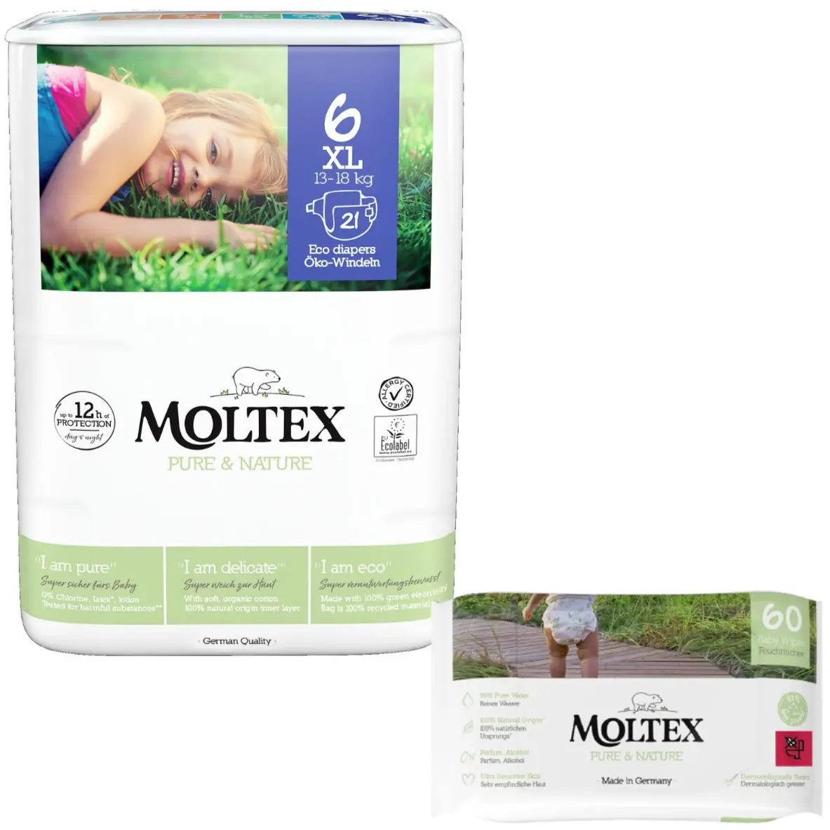 Moltex Pelene Pure&Nature 6, 13-18 kg, 21/1+ Moltex Vlažne maramice, 60 komada