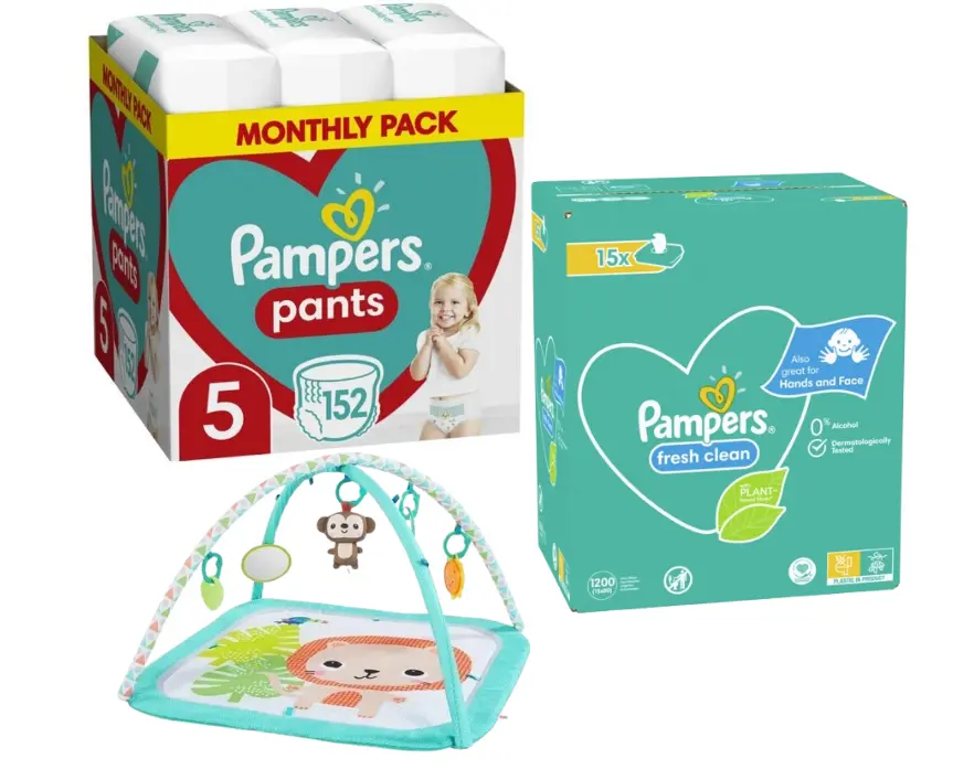 Pampers Pelene Pants 5, Monthly, 12-17kg, 152/1+ Pampers Vlažne maramice Fresh clean, 15x80 komada+Bright Starts Podloga za bebe Safari, 20 melodija, Tirkizna