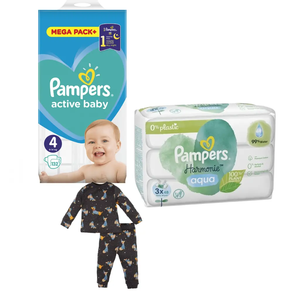 Pampers Pelene Active baby 4, MB, 9-14 kg, 132/1+Pampers Vlažne maramice Harmonie, 3x48 komada+DeFacto Pidžama za dečake, Tamnosiva