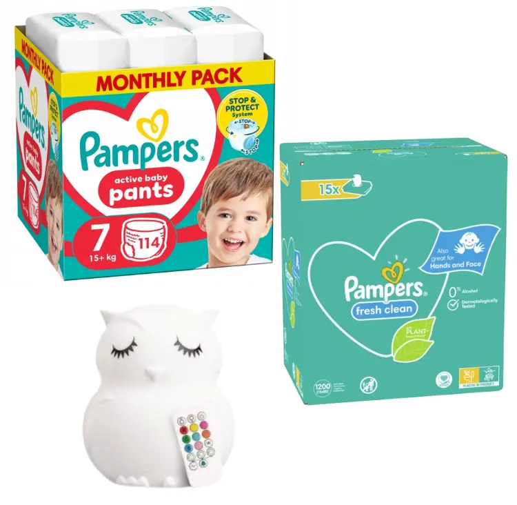 Pampers Pelene Pants 7, Monthly, 15+kg, 114/1+ Pampers Vlažne maramice Fresh clean, 15x80 komada+Lumipets Noćna lampa Sova