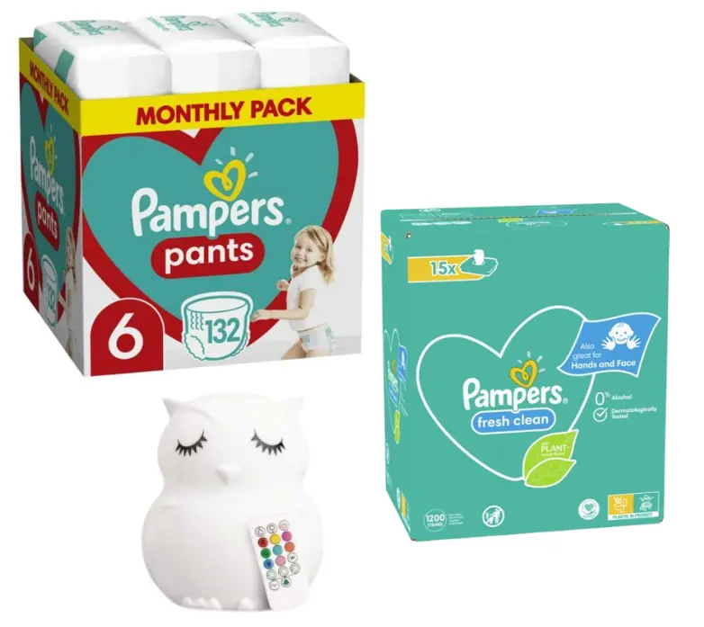 Pampers Pelene Pants 6, Monthly, 15+kg, 132/1+ Pampers Vlažne maramice Fresh clean, 15x80 komada+Lumipets Noćna lampa Sova