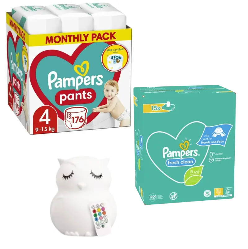 Pampers Pelene Pants 4, Monthly, 9-15kg, 176/1+ Pampers Vlažne maramice Fresh clean, 15x80 komada+Lumipets Noćna lampa Sova