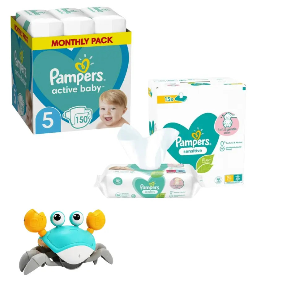 Pampers Pelene Active Baby 5, Monthly, 11-16kg, 150/1+ Pampers Vlažne maramice Sensitive, 15x80 komada+ Topi Toys Interaktivna igračka Hodajuća kraba, Svetloplava