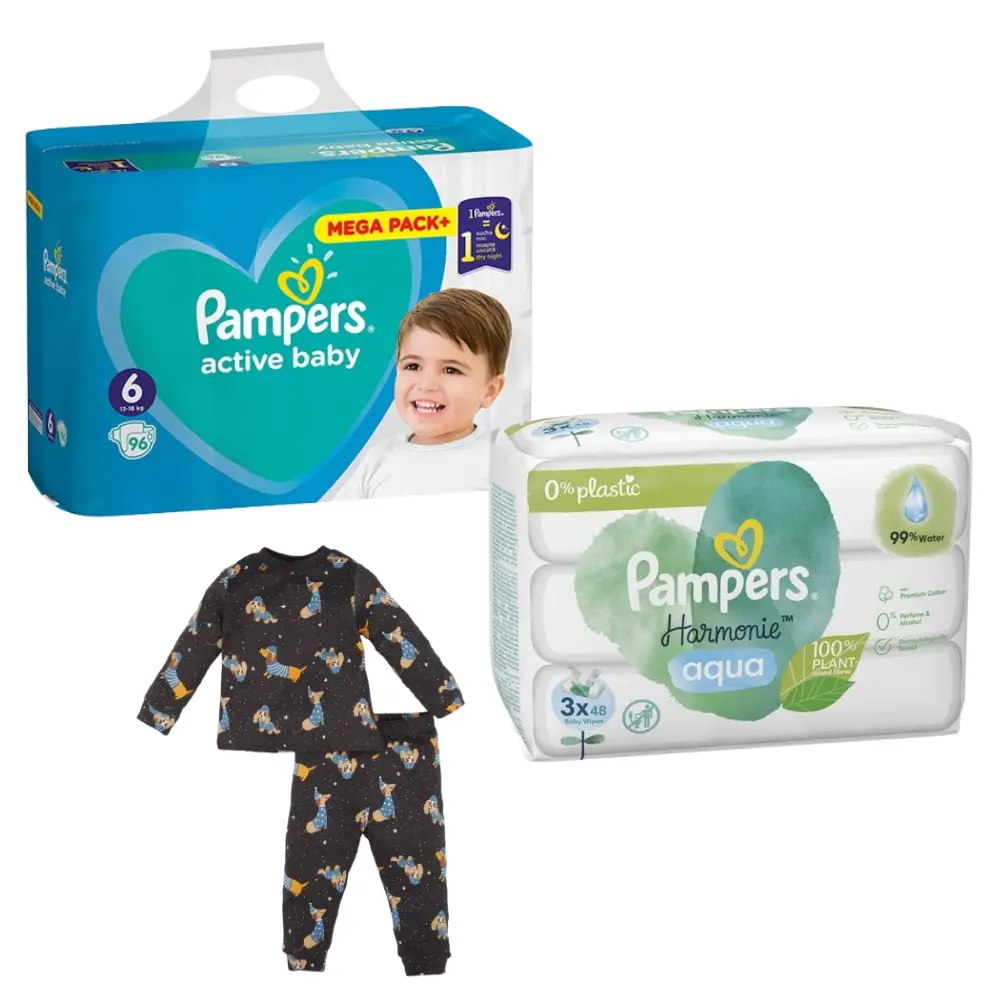 Pampers Pelene Active Baby 6, MB, 13-18 kg, 96/1+Pampers Vlažne maramice Harmonie, 3x48 komada+DeFacto Pidžama za dečake, Tamnosiva