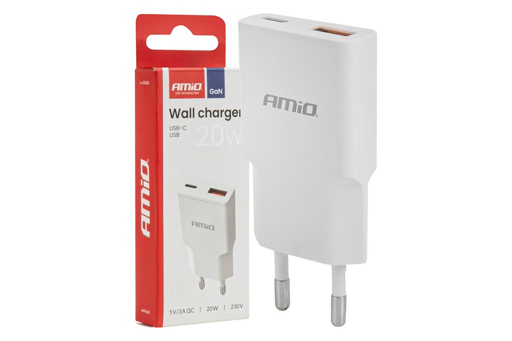 230V 20W GaN USB-C USB-A zidni punjač AMIO-04838 ⚡ GaN punjač