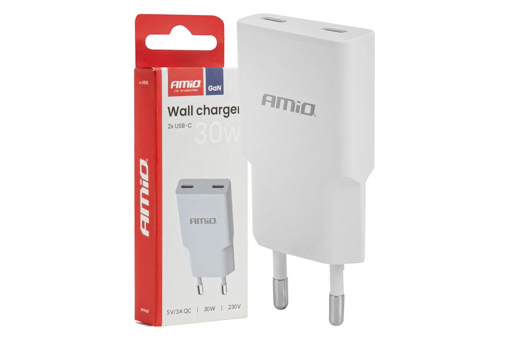 230V 30W GaN 2xUSB-C zidni punjač AMIO-04839 ⚡ GaN brzo