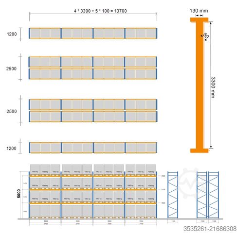 Paletni regali
TOTAL-REGAL 6 x 13,7 m lang, 5 m hoch 30 Rahmen, 144 Traversen (3300)