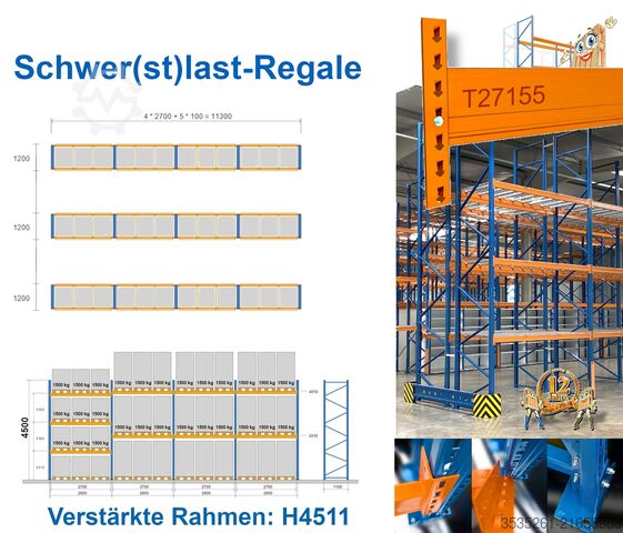 Skladištenje paleta
TOTAL-REGAL - 3 x 11, m lang, 4,5 m hoch Schwer(st)lastregal - 15 Rahm. 54 Trav.