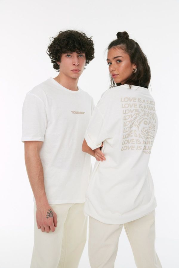 TRENDYOL WHITE UNISEX RELAXED/COMFORTABLE CUT TEXT PRINTED 100% COTTON T-SHIRT
