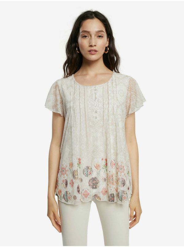 CREAM WOMEN'S PATTERNED T-SHIRT DESIGUAL TS NORTE - WOMEN
