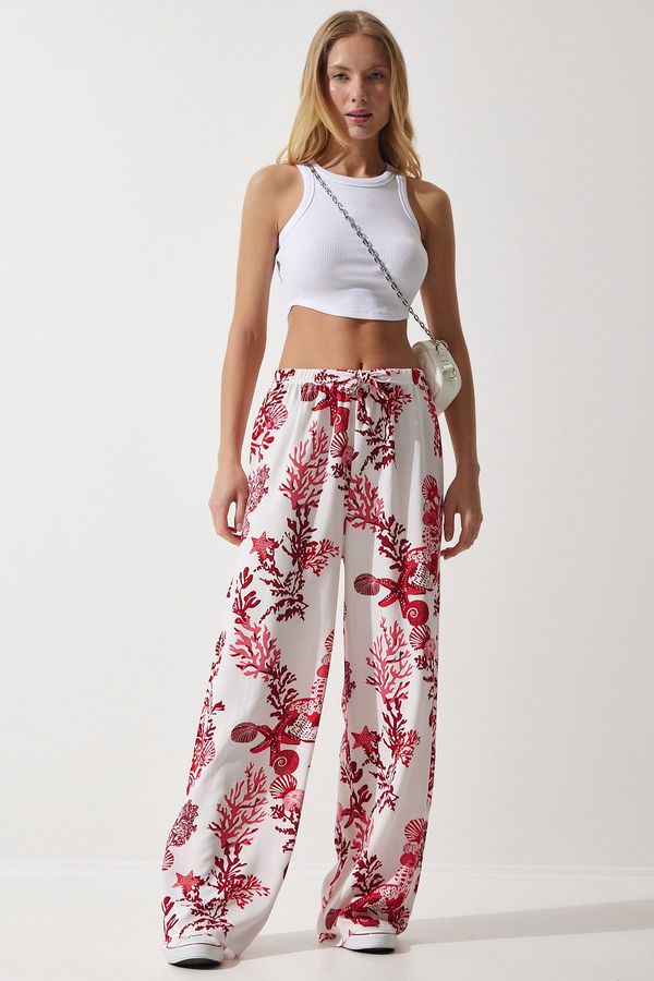 HAPPINESS İSTANBUL WOMEN'S WHITE PINK PATTERNED FLOWING VISCOSE PALAZZO TROUSERS