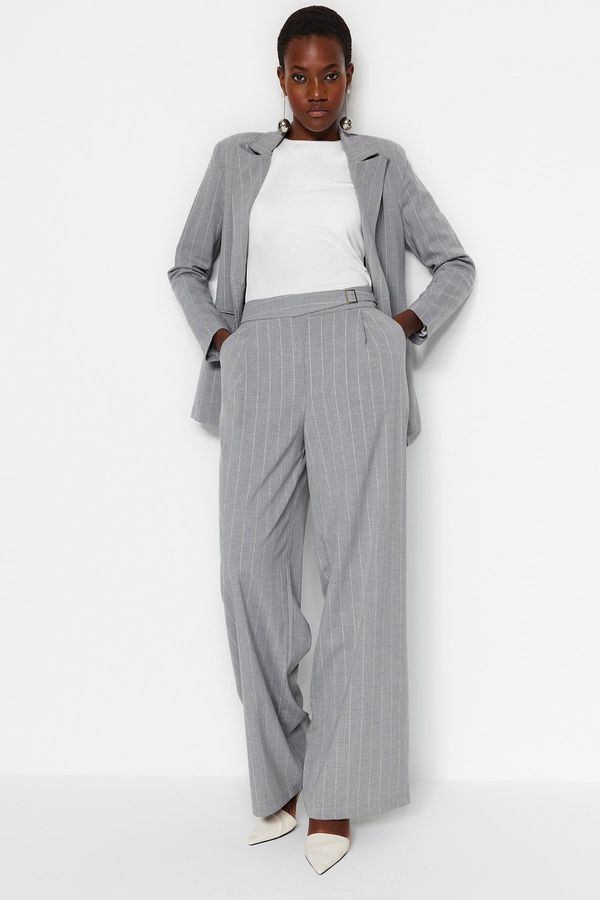 TRENDYOL GRAY WIDE LEG GLITTER DETAILED WOVEN STRIPED TROUSERS