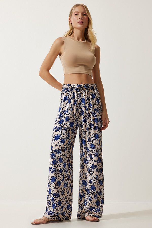 HAPPINESS İSTANBUL WOMEN'S CREAM BLUE PATTERNED FLOWY VISCOSE PALAZZO TROUSERS