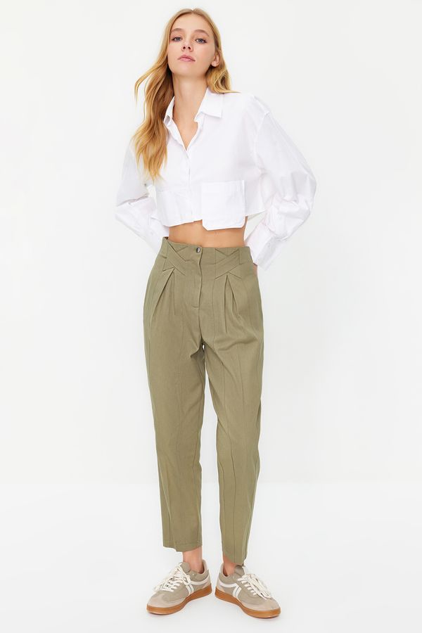 TRENDYOL KHAKI COTTON CARROT PATTERN STRIPE DETAILED WOVEN TROUSERS