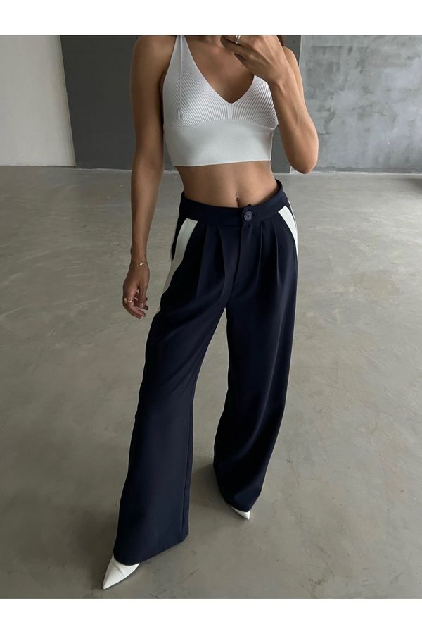 LALUVIA NAVY BLUE STRIPE DETAILED PALAZZO TROUSERS
