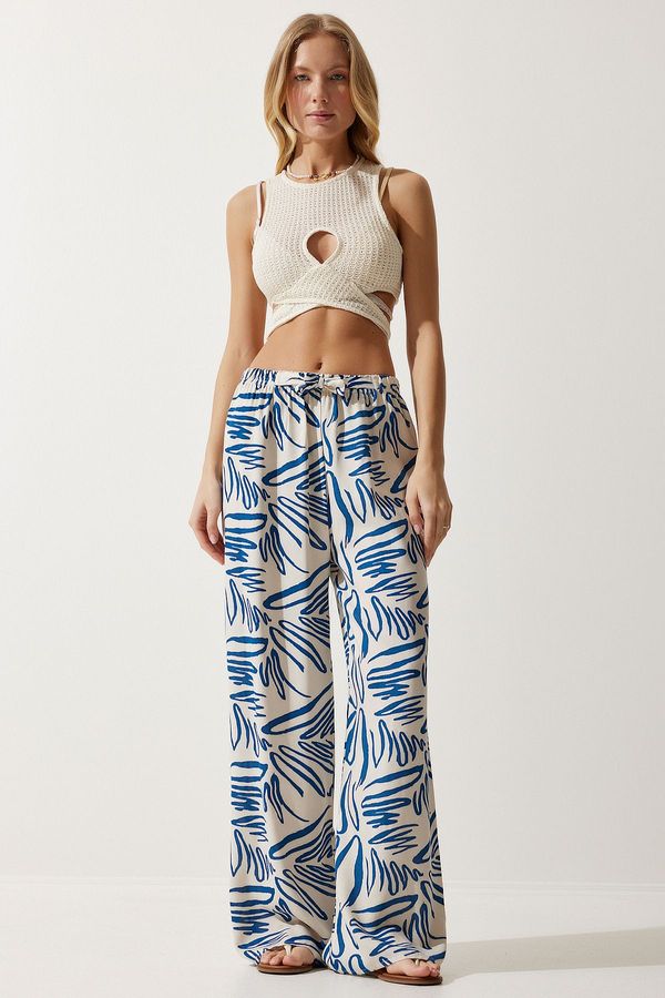 HAPPINESS İSTANBUL WOMEN'S CREAM NAVY BLUE PATTERNED FLOWY VISCOSE PALAZZO TROUSERS