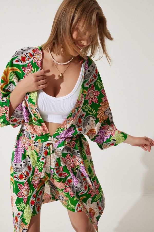 HAPPINESS İSTANBUL WOMEN'S GREEN SUMMER VISCOSE KIMONO SHORTS SET