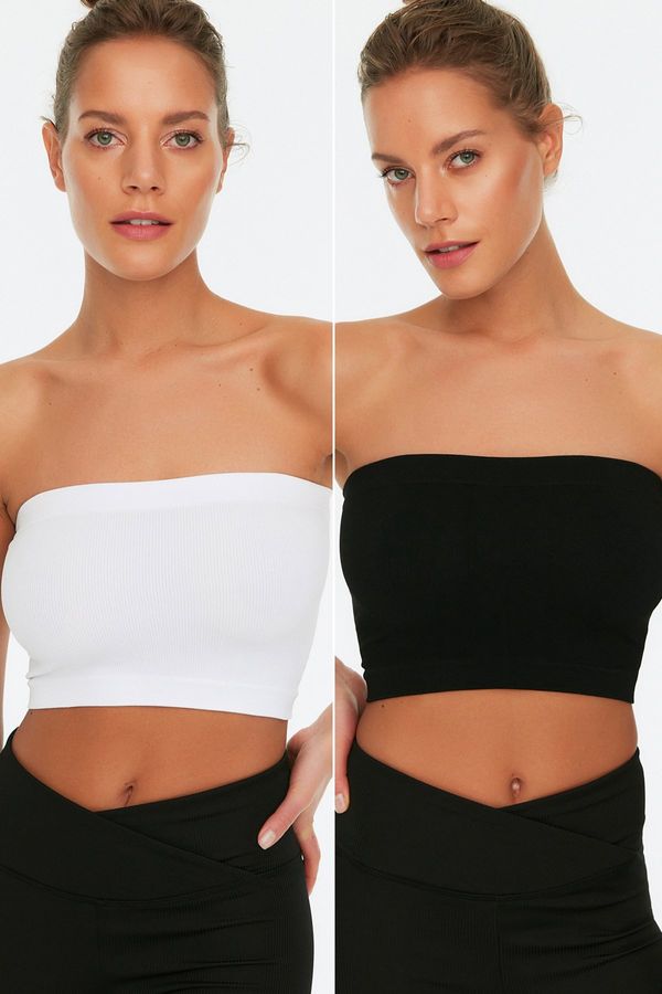TRENDYOL BLACK-WHITE 2-PACK SEAMLESS/SEAMLESS RIBBED STRAPLESS KNITTED SPORTS BRA