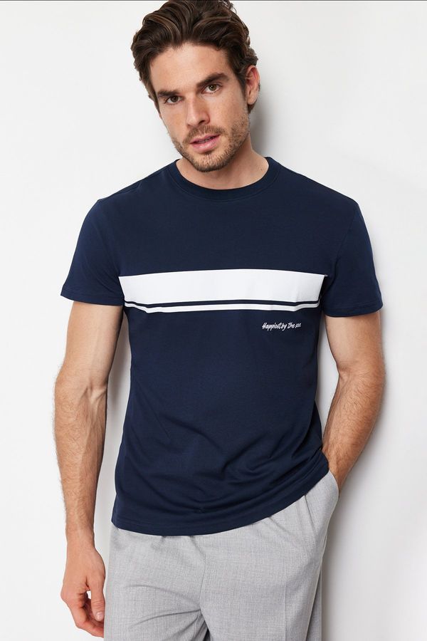 TRENDYOL NAVY BLUE REGULAR/NORMAL CUT CREW NECK STRIPED PRINTED 100% COTTON T-SHIRT
