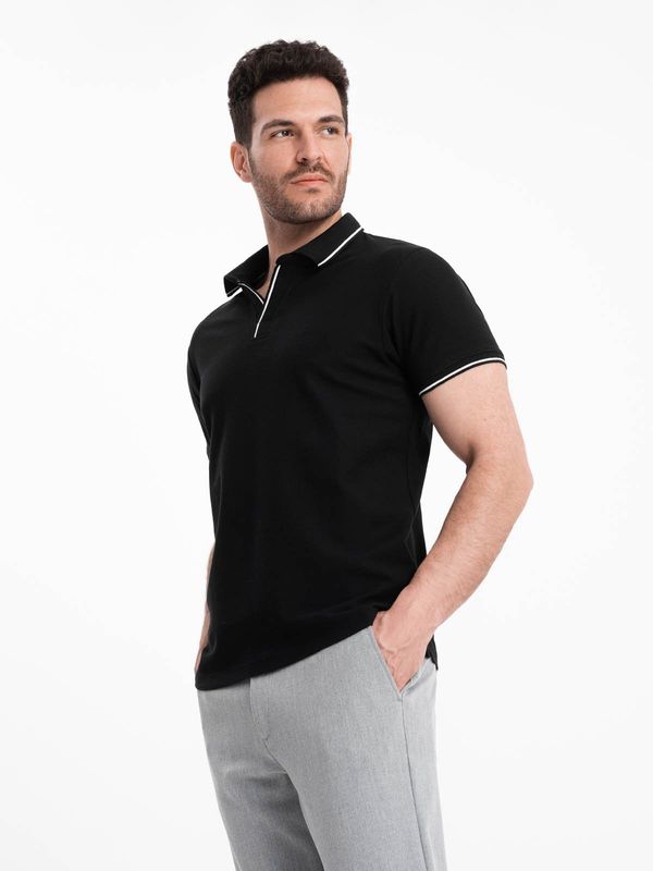 OMBRE MEN'S PIQUE KNIT POLO SHIRT WITHOUT BUTTONS - BLACK