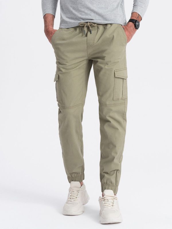 OMBRE MEN'S JOGGERS PANTS WITH ZIPPERED CARGO POCKETS - KHAKI