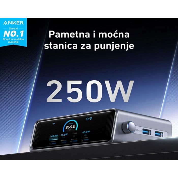 Prime 250W GaN stoni brzi punjač, 6-portova (4x USB-C, 2x USB-A) srebrni