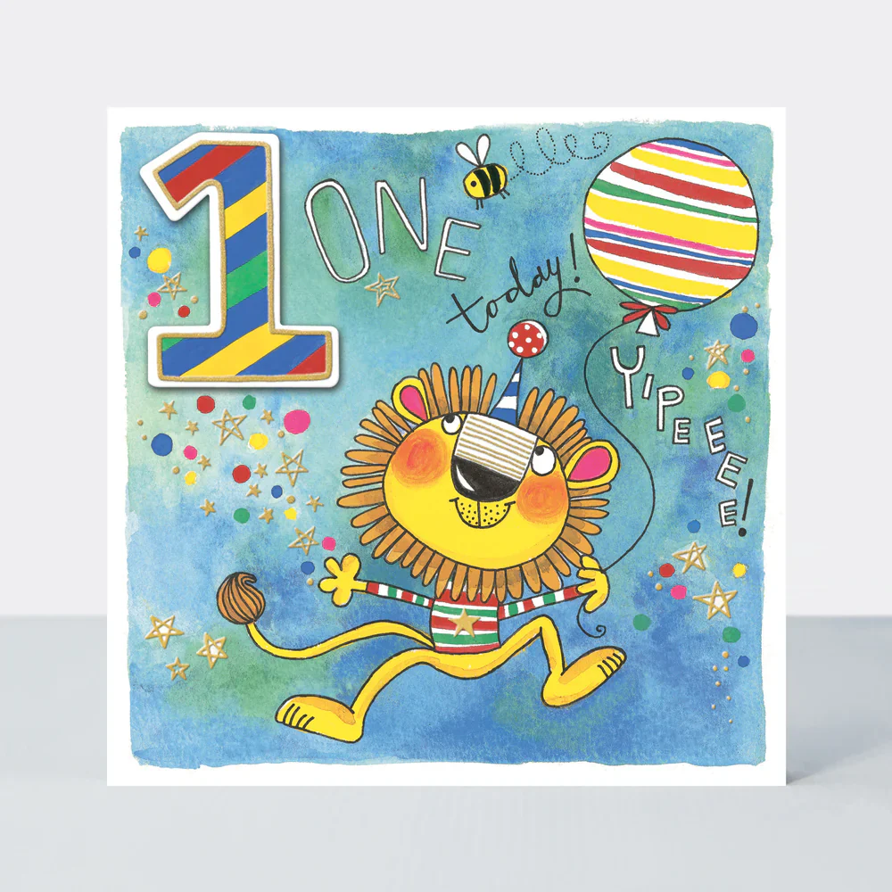 Čestitka - Age 1 Lion with balloon