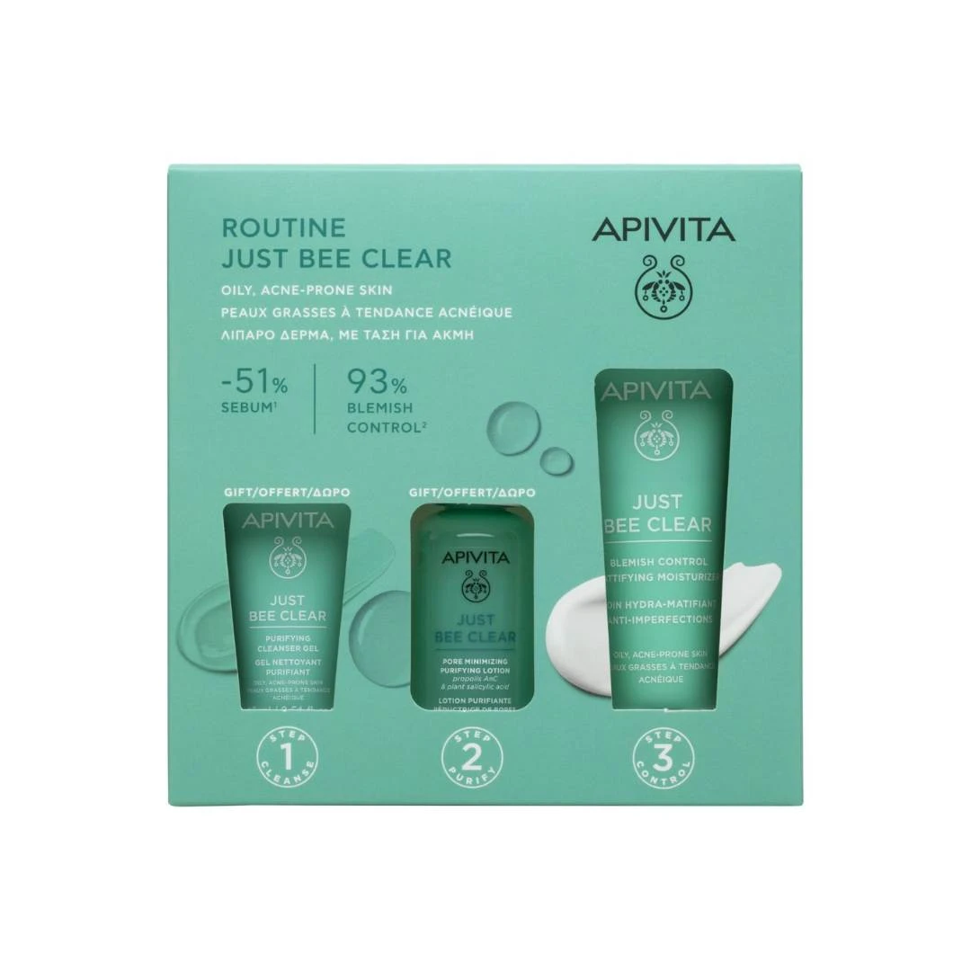 APIVITA JUST BEE CLEAR Promo Rutina Gel za Umivanje, Losion za Lice 50 mL i Krema za Lice 40 mL