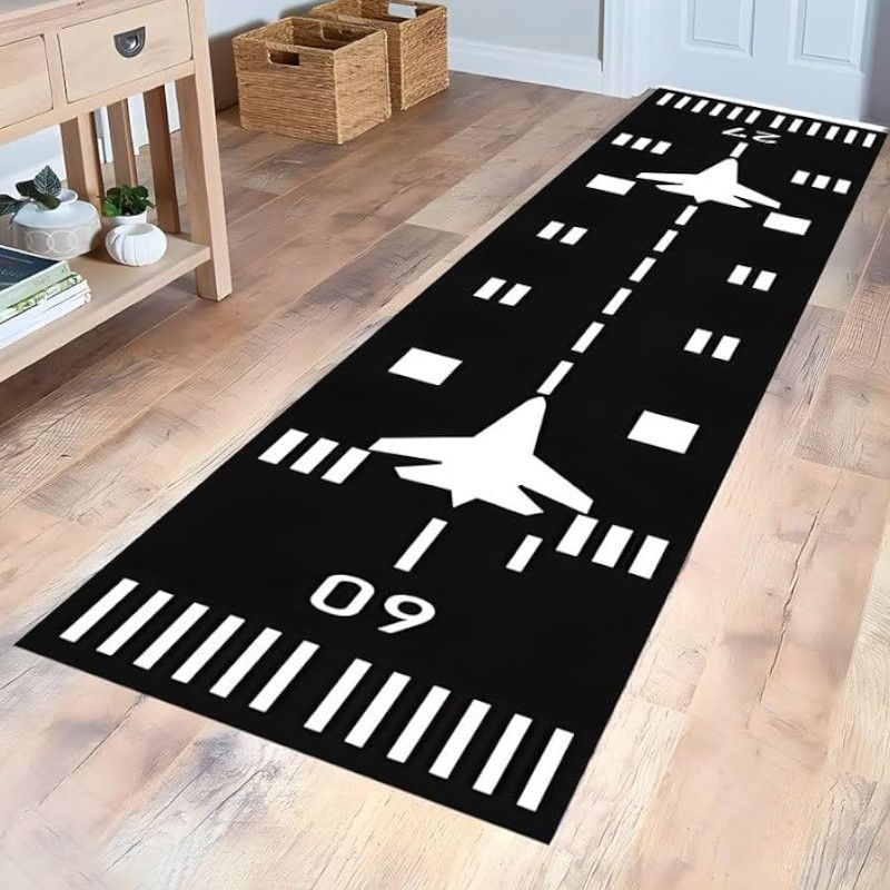 Airport-Themed Rug with Airplane & Runway Design - Black