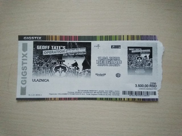 Ulaznica Geoff Tate`s OPERATION: MINDCRIME 11.04.2026.