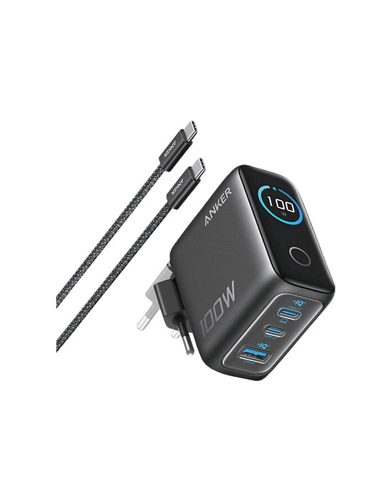 ANKER 100W GaN zidni brzi punjac, 3-porta (2x USB-C i 1x USB-A) sa USB-C M/M pletenim kablom, tamno sivi