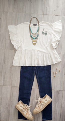 Zara set farmerke i bela bluza L