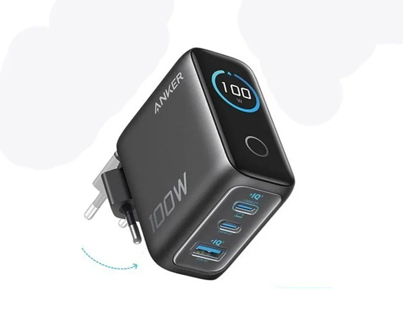ANKER 100W GaN zidni brzi punjač, 3-porta (2x USB-C i 1x USB-A) sa USB-C M/M pletenim kablom, tamno sivi