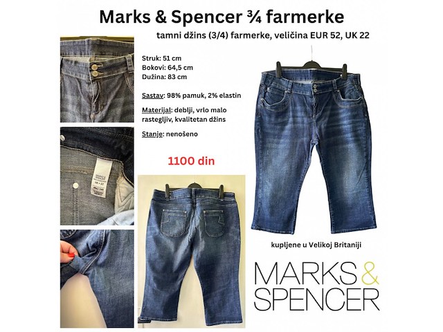 Marks &; Spencer 3/4 farmerke EU52 – tamni džins, novo