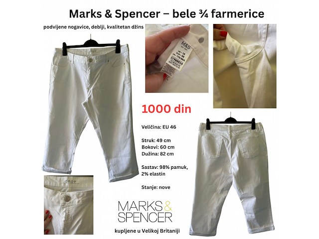 Marks &; Spencer bele 3/4 farmerke EU46 – nove
