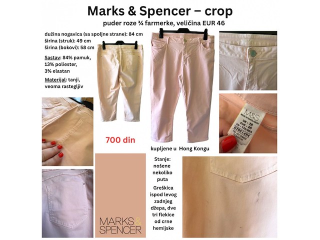 Marks &; Spencer crop farmerke EU46 – puder roze,stretch