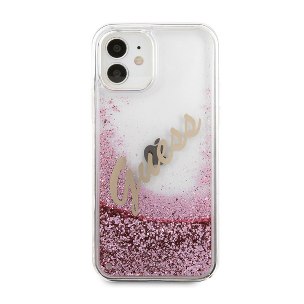 Maska za iPhone 12 mini Guess Faceplate Liquid Glitter Vintage Script pink