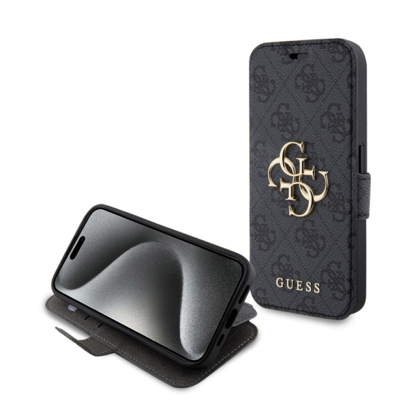 Maska za iPhone 15 Guess Bk Pu leather 4G Metal Logo siva