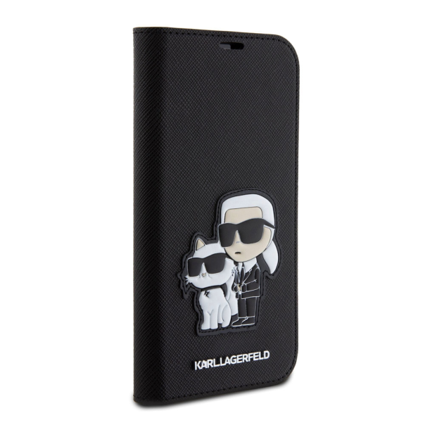 Maska za iPhone 15 6.1 Karl Lagerfeld Saffiano BP Nft Karl&Choupette crna (KLBKP15SSANKCPK)