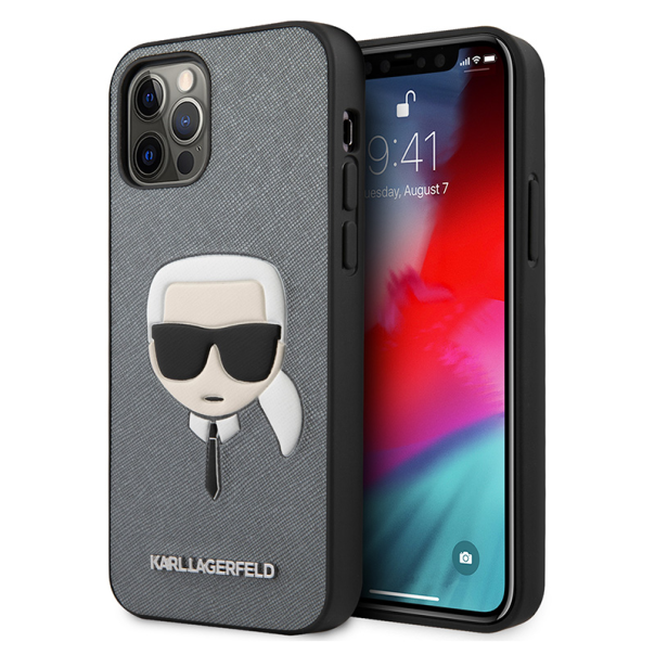 Maska za iPhone 12 Pro Max 6.7 Karl Lagerfeld Hc PU Saffiano Head srebrna (KLHCP12LSAKHSL)