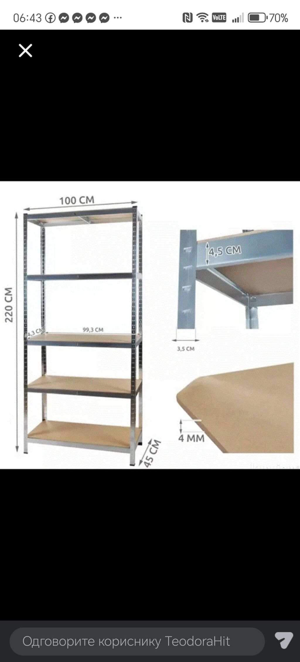 Metalna skladišna polica sa 5 nivoa - Dimenzije: visina 220 cm