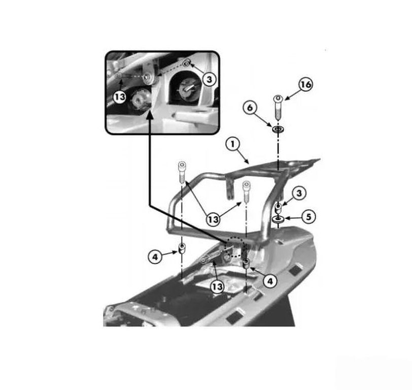 Nosač zadnjeg kofera za motocikl – specifičan montažni ram sa pratećim