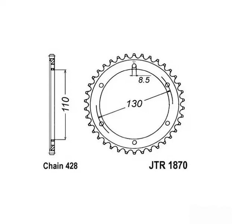 Zadnji lančanik za motocikl – JTR 1870 - Tip lanca: 428 - Prečnik