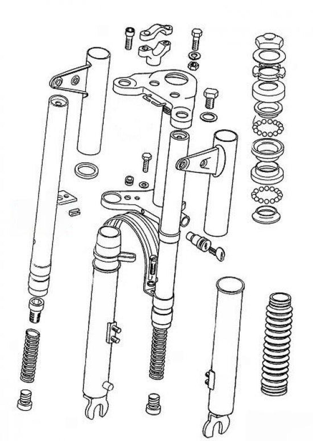 Kompletan sklop prednje viljuške motocikla, prikazan u rastavljenom