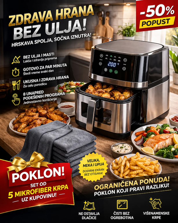 FRITEZA BEZ ULJA – VELIKA AIR FRYER PEĆNICA 2400W 8L PRAVIH + POKLON Set 5 Mikrofiber Krpa